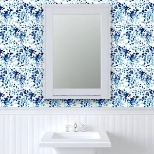 Spoonflower Sunburst Abstract Leaves Navy Watercolor Custom Pre-pasted Wallpaper - Blue