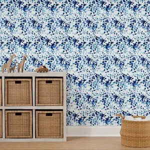 Spoonflower Sunburst Abstract Leaves Navy Watercolor Custom Pre-pasted Wallpaper - Blue