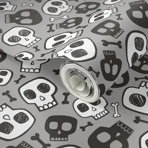 Spoonflower Skull Skulls Halloween Skeleton Fall Custom Removable Wallpaper - Black,white,gray