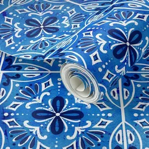 Spoonflower Spanish Tiles Tile Watercolor Geometric Custom Removable Wallpaper - Blue