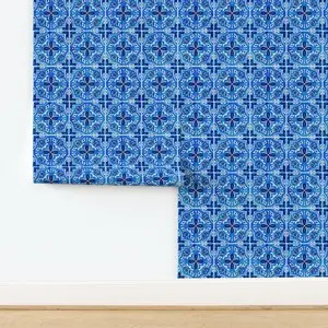 Spoonflower Spanish Tiles Tile Watercolor Geometric Custom Removable Wallpaper - Blue