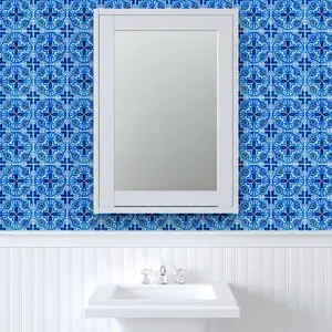 Spoonflower Spanish Tiles Tile Watercolor Geometric Custom Removable Wallpaper - Blue