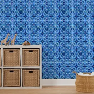 Spoonflower Spanish Tiles Tile Watercolor Geometric Custom Removable Wallpaper - Blue