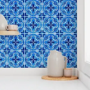 Spoonflower Spanish Tiles Tile Watercolor Geometric Custom Removable Wallpaper - Blue