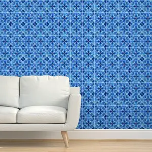 Spoonflower Spanish Tiles Tile Watercolor Geometric Custom Removable Wallpaper - Blue
