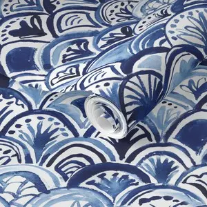 Spoonflower Geometric Decorative Scallop Painted Navy Custom Pre-pasted Wallpaper - Blue