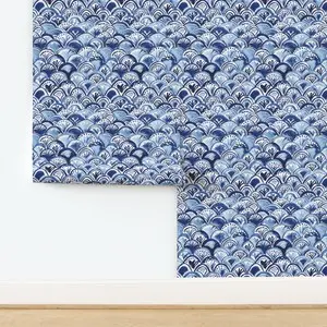 Spoonflower Geometric Decorative Scallop Painted Navy Custom Pre-pasted Wallpaper - Blue