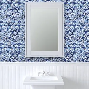Spoonflower Geometric Decorative Scallop Painted Navy Custom Pre-pasted Wallpaper - Blue