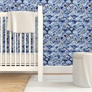 Spoonflower Geometric Decorative Scallop Painted Navy Custom Pre-pasted Wallpaper - Blue
