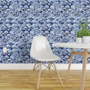 Spoonflower Geometric Decorative Scallop Painted Navy Custom Pre-pasted Wallpaper - Blue