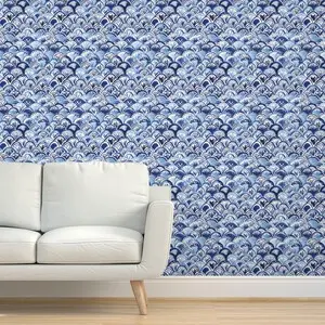 Spoonflower Geometric Decorative Scallop Painted Navy Custom Pre-pasted Wallpaper - Blue