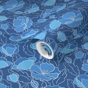 Spoonflower Flowers Spring Summer Watercolor Allover Custom Pre-pasted Wallpaper - Blue