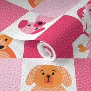 Spoonflower Bright Dogs Cheater Quilt Pink And Orange Cute Custom Pre-pasted Wallpaper - Pink,orange