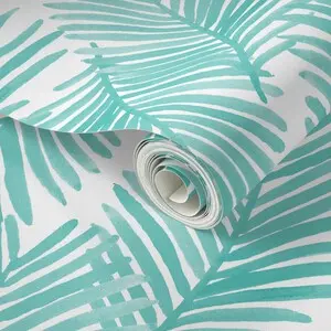 Spoonflower Palm Watercolor Tropical Aqua Watercolors Custom Removable Wallpaper - Turquoise,white,blue