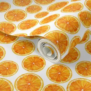Spoonflower Orange Watercolor Fruit Citrus Pattern Painting Custom Removable Wallpaper - Orange,green,yellow