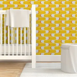 Spoonflower Mid Century Modern Abstract Books Sunny Custom Pre-pasted Wallpaper - Yellow