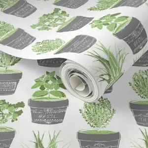 Spoonflower Chalkboard Pots Herb Garden Mint Custom Pre-pasted Wallpaper - Green,gray