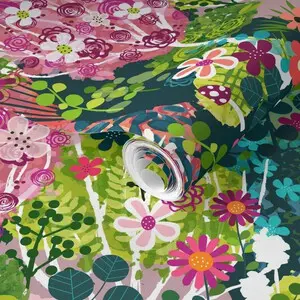 Spoonflower Garden Flower Floral Gardening Bold Custom Pre-pasted Wallpaper - Green,pink,blue