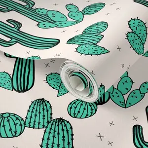 Spoonflower Cactus Cacti Green Tropical Summer Palms Prints Custom Pre-pasted Wallpaper - Teal,gray,green
