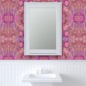 Spoonflower Pink Stars Bold Circle Art Nouveau Cheerful Custom Pre-pasted Wallpaper - Pink,brown