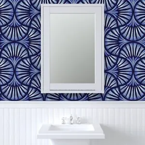Spoonflower Geometric Floral Abstract Thistle French Custom Pre-pasted Wallpaper - Blue
