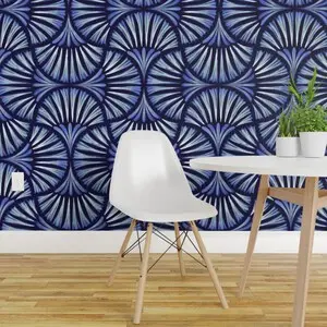 Spoonflower Geometric Floral Abstract Thistle French Custom Pre-pasted Wallpaper - Blue