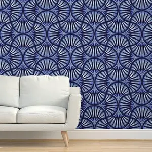 Spoonflower Geometric Floral Abstract Thistle French Custom Pre-pasted Wallpaper - Blue