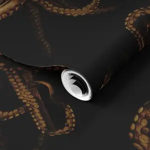 Spoonflower Black Ocean Octopus Sepia Coral Reef Steampunk Custom Pre-pasted Wallpaper - Black,brown