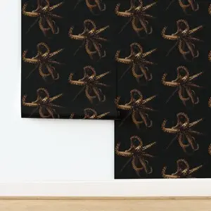 Spoonflower Black Ocean Octopus Sepia Coral Reef Steampunk Custom Pre-pasted Wallpaper