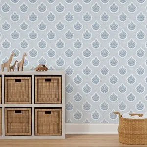 Spoonflower French Blue Traditional Simple Botanical Classic Custom Pre-pasted Wallpaper