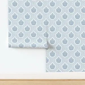 Spoonflower French Blue Traditional Simple Botanical Classic Custom Pre-pasted Wallpaper - Blue,white