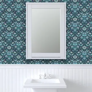 Spoonflower Botanical Birds Flower Damask Nature Teal Custom Pre-pasted Wallpaper - Blue