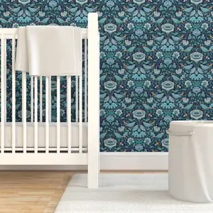Spoonflower Botanical Birds Flower Damask Nature Teal Custom Pre-pasted Wallpaper - Blue