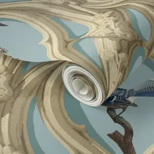 Spoonflower Vintage Birds Pale Damask Goth Victorian Custom Pre-pasted Wallpaper - Blue