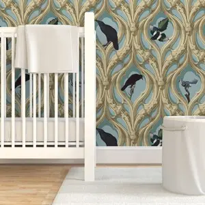 Spoonflower Vintage Birds Pale Damask Goth Victorian Custom Pre-pasted Wallpaper