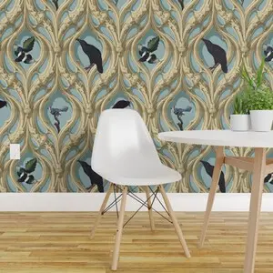 Spoonflower Vintage Birds Pale Damask Goth Victorian Custom Pre-pasted Wallpaper