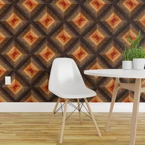 Spoonflower Woodgrain Parquet Wooden Look Shades Of Brown Custom Pre-pasted Wallpaper - Brown,orange