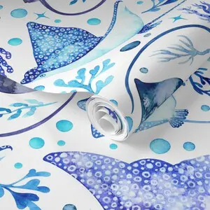 Spoonflower Watercolor Stingrays White Seaweed Ocean Custom Pre-pasted Wallpaper - Blue