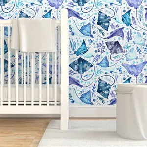 Spoonflower Watercolor Stingrays White Seaweed Ocean Custom Pre-pasted Wallpaper