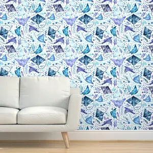 Spoonflower Watercolor Stingrays White Seaweed Ocean Custom Pre-pasted Wallpaper