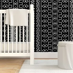 Spoonflower White On Black Mudcloth Custom Pre-pasted Wallpaper