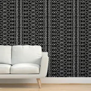 Spoonflower White On Black Mudcloth Custom Pre-pasted Wallpaper