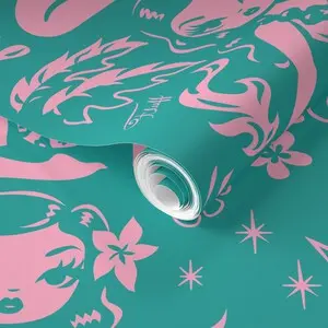 Spoonflower Tiki Temptress Pink Turquoise Custom Pre-pasted Wallpaper - Blue,pink,green