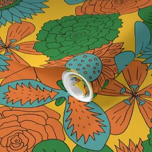 Spoonflower Flowers Autumn 1960s 60s Sixties Flowerpower Custom Pre-pasted Wallpaper - Orange,turquoise,brown
