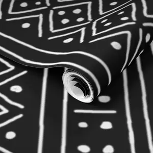 Spoonflower Black And White Mudcloth Custom Pre-pasted Wallpaper - Black,white,gray