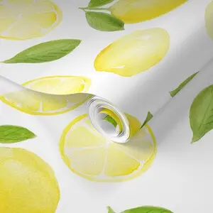Spoonflower Summer Watercolor Lemon Pattern Slices Yellow Custom Pre-pasted Wallpaper - Beige,yellow,gray