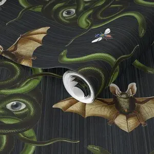 Spoonflower Green Gothic Bats Halloween Neon Snake Eyes Custom Pre-pasted Wallpaper - Black,brown,green