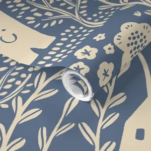 Spoonflower Whimsical Folk Art Blue Cream Bird Floral Shabby Custom Pre-pasted Wallpaper Blue