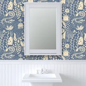 Spoonflower Whimsical Folk Art Cream Bird Floral Shabby Custom Pre-pasted Wallpaper - Blue