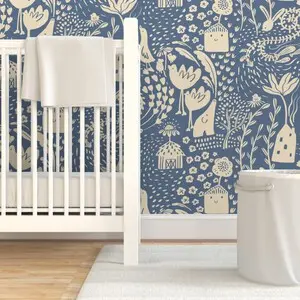 Spoonflower Whimsical Folk Art Cream Bird Floral Shabby Custom Pre-pasted Wallpaper - Blue